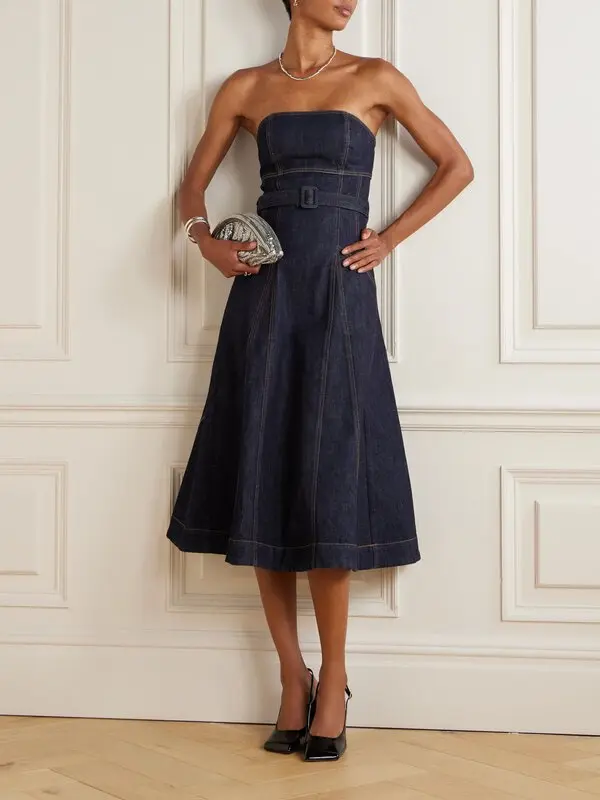SELF-PORTRAIT Strapless Belted Denim Midi Dress