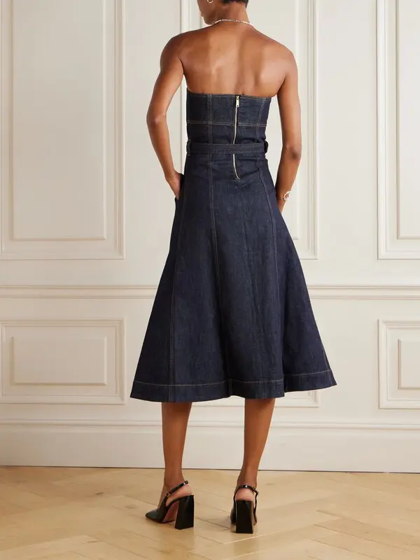 SELF-PORTRAIT Strapless Belted Denim Midi Dress