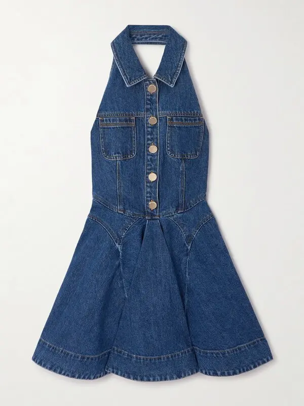 SELF-PORTRAIT Paneled Denim Halterneck Mini Dress