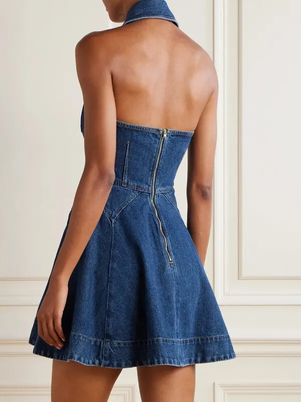 SELF-PORTRAIT Paneled Denim Halterneck Mini Dress