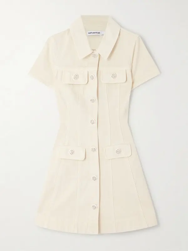 SELF-PORTRAIT Crystal-embellished Denim Mini Shirt Dress - Neutrals
