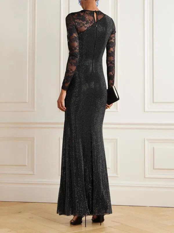 SELF-PORTRAIT Lace Trimmed Crystal Embellished Jersey Gown - Black