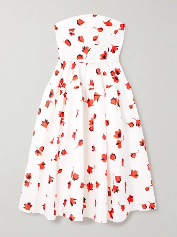 SELF-PORTRAIT Strapless Belted Ruched Floral-print Taffeta Midi Dress - White