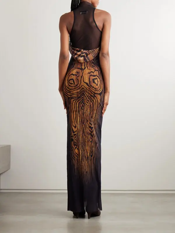 Layered Draped Printed Stretch-tulle Turtleneck Maxi Dress - Brown