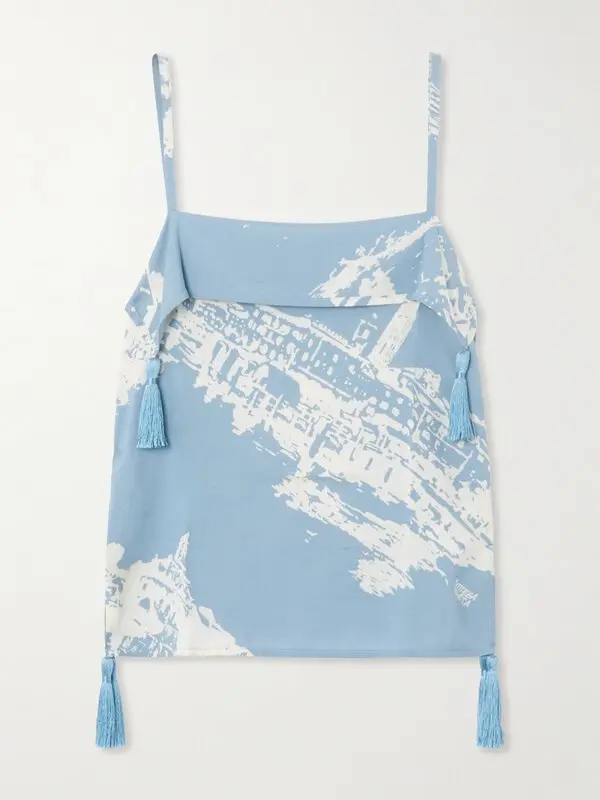 Bottega Veneta Tasseled Printed Silk And Cotton-blend Shantung Tank - Blue