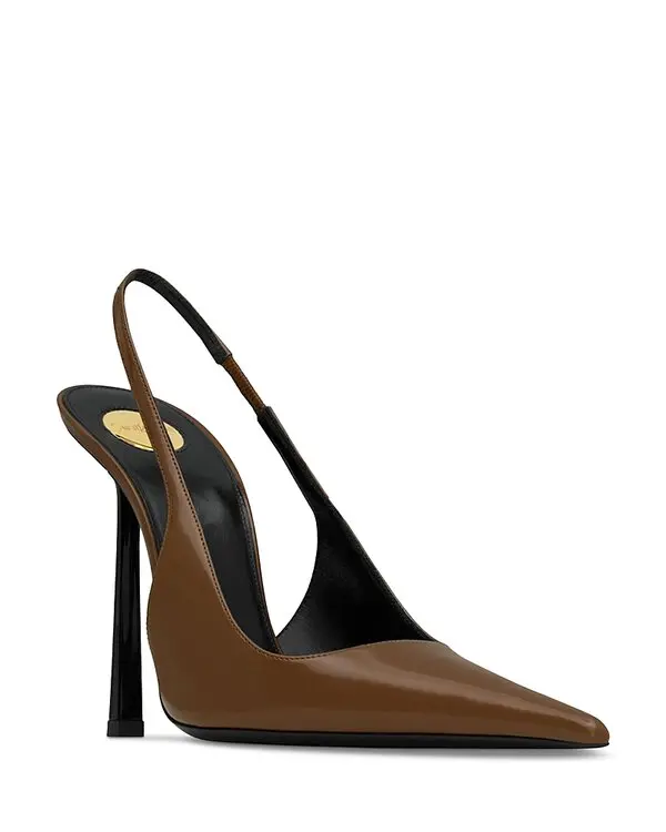Saint Laurent Vendome" Flared Stiletto Slingback Pumps - Soil Brown Smooth Leather