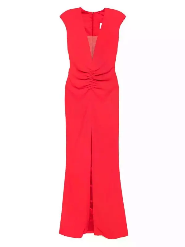 SILK LOVE & LACE Ruched-front Split Maxi Dress - Red