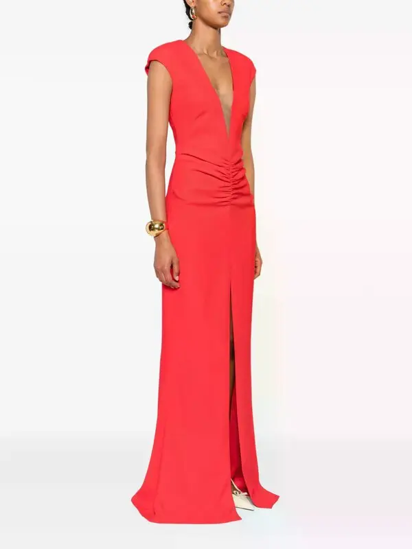 SILK LOVE & LACE Ruched-front Split Maxi Dress - Red