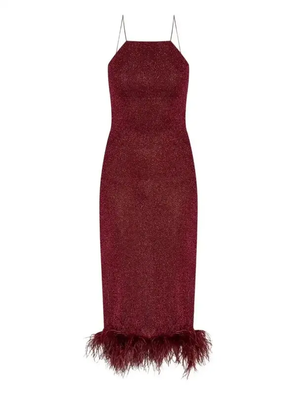 Oseree Feather-trimmed Sparkle Midi Dress