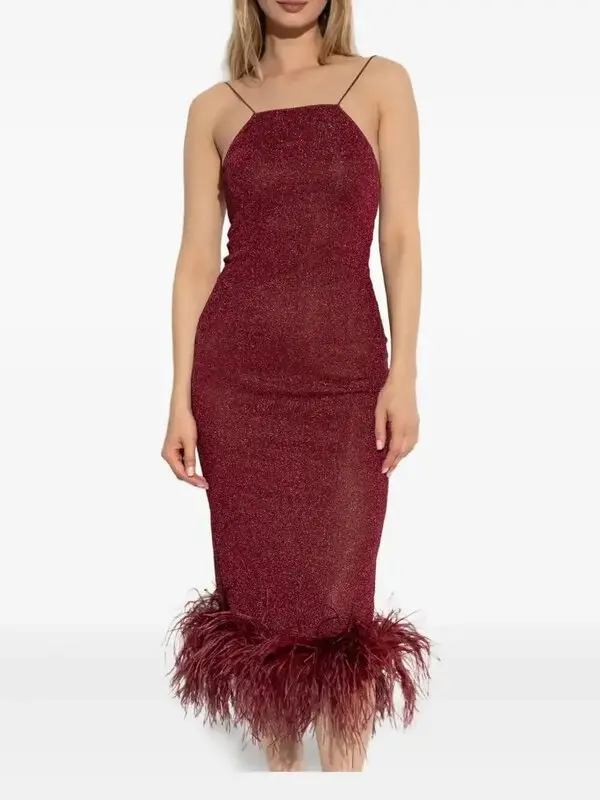 Oseree Feather-trimmed Sparkle Midi Dress