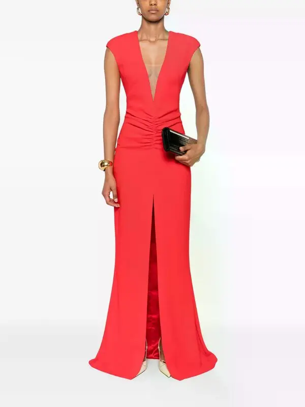 SILK LOVE & LACE Ruched-front Split Maxi Dress - Red