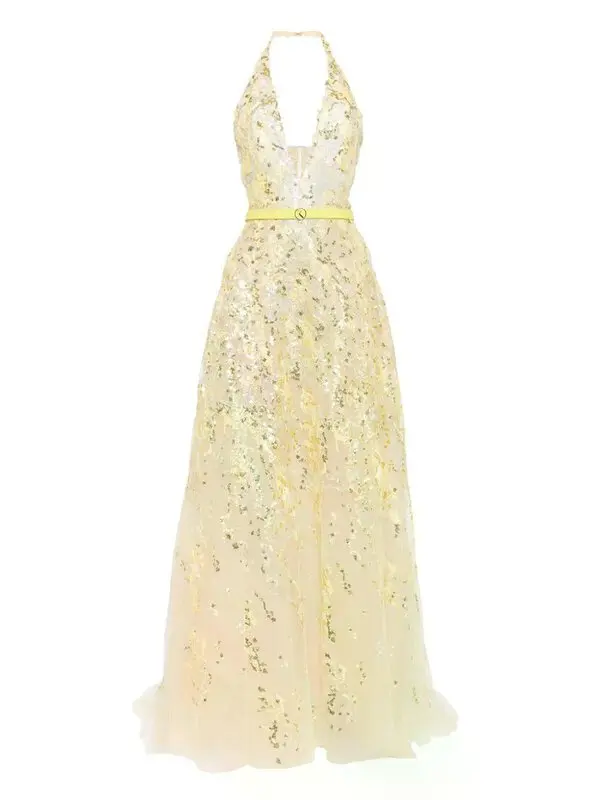 green emerald velvet dress Light Gold Brocade Dress – Saiid Kobeisy Online main image 1