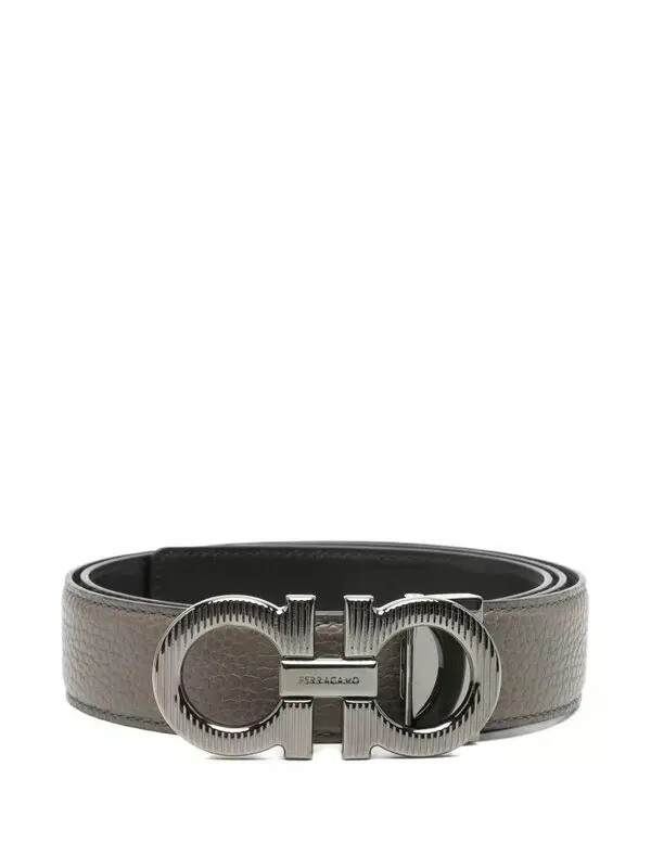 FERRAGAMO Gancini Buckle Leather Belt - Grey