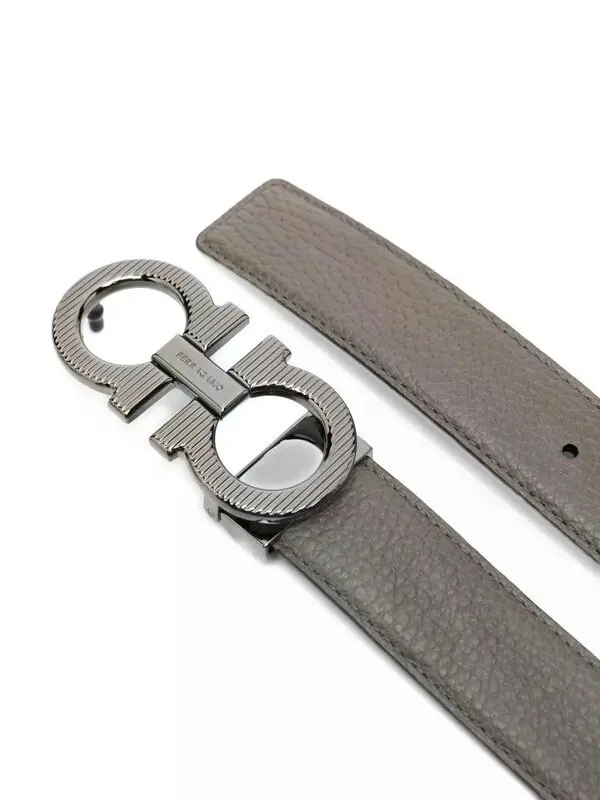 FERRAGAMO Gancini Buckle Leather Belt - Grey