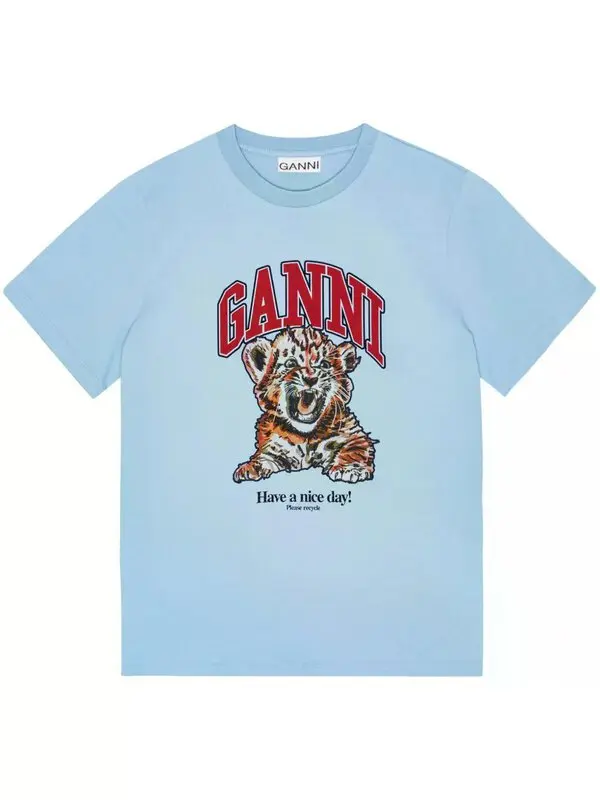 GANNI Graphic Print Organic Cotton T-shirt - Blue