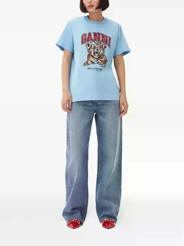 GANNI Graphic Print Organic Cotton T-shirt - Blue