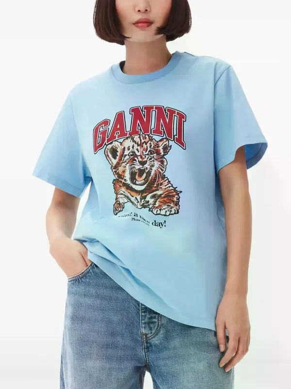 GANNI Graphic Print Organic Cotton T-shirt - Blue