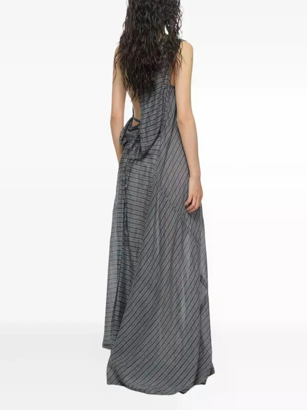 grey striped maxi dress Blue and Taupe Striped Maxi Dress with Open Back