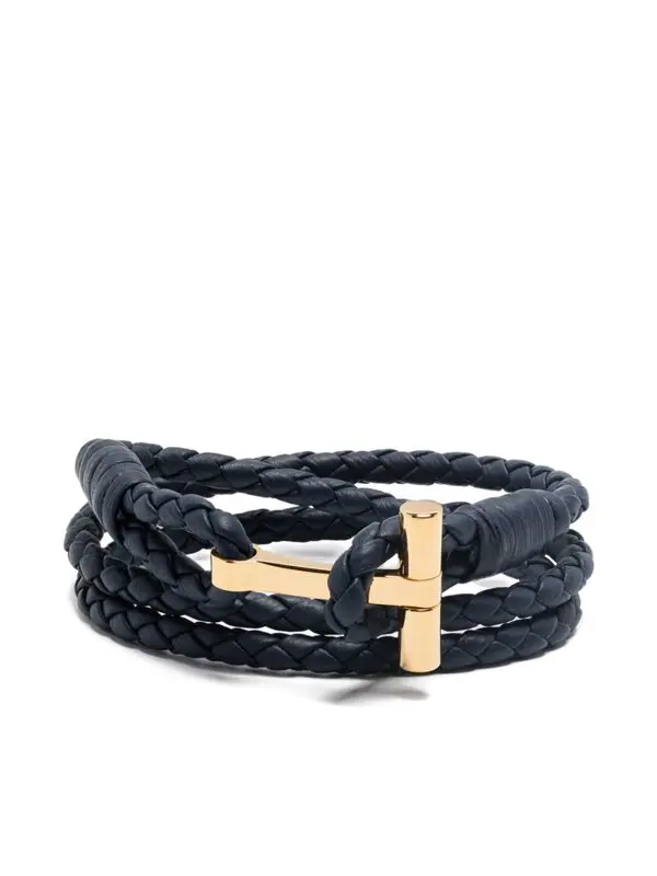 Tom Ford Woven Leather And Gold-Plated Wrap Bracelet Blue