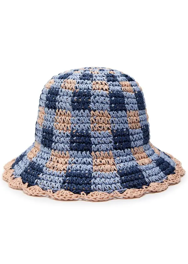DAMSON MADDER Gingham Straw Crochet Bucket Hat - Navy