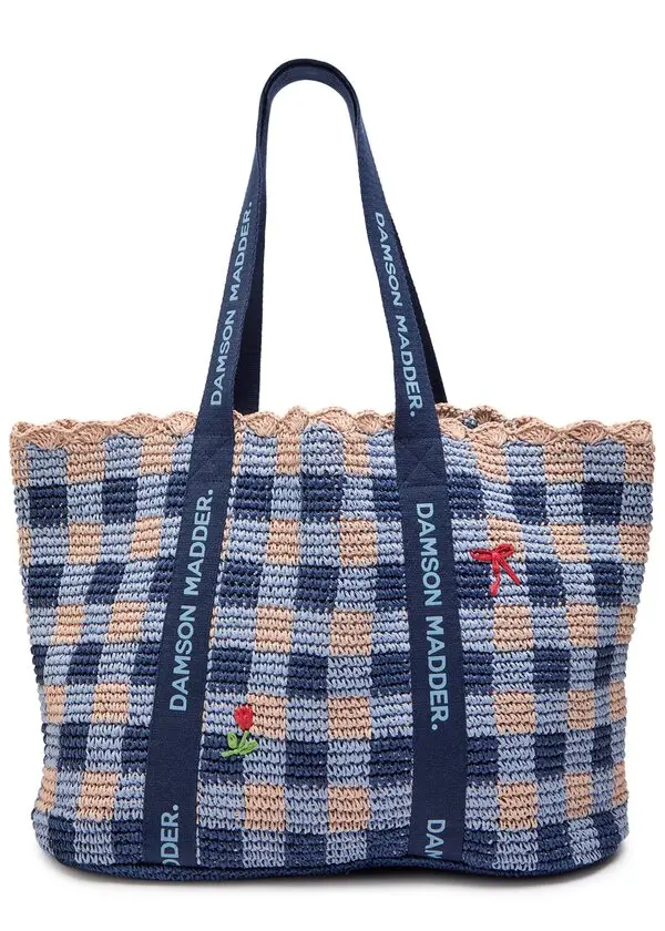 DAMSON MADDER Checked Raffia Tote Bag - Navy