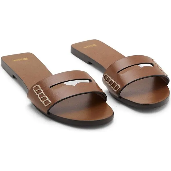 Mango Penny Strap Slide Sandal - Brown Leather