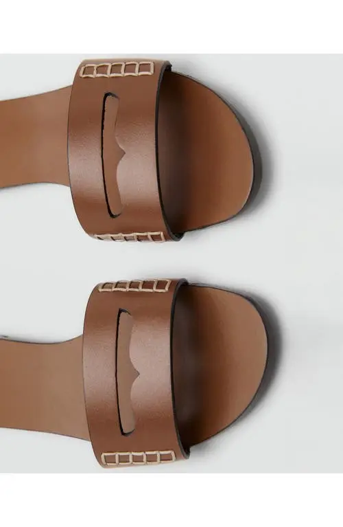 Mango Penny Strap Slide Sandal - Brown Leather