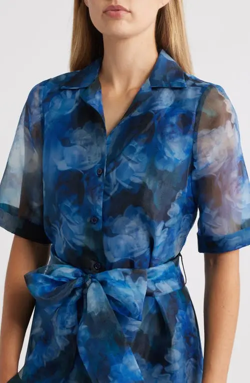 Julia Jordan Tie Belt Organza Maxi Shirtdress - Blue Multi | Editorialist