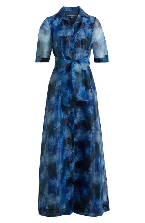 Julia Jordan Tie Belt Organza Maxi Shirtdress - Blue Multi | Editorialist