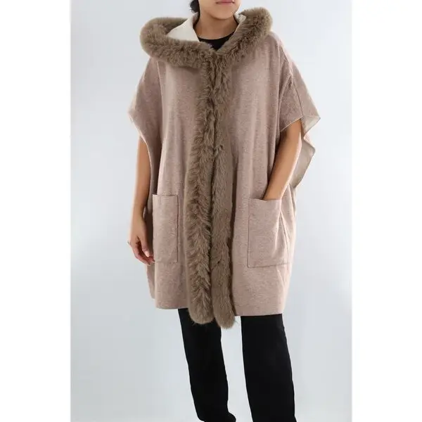 La Fiorentina Faux Fur Trimmed Hooded Wrap - Camel