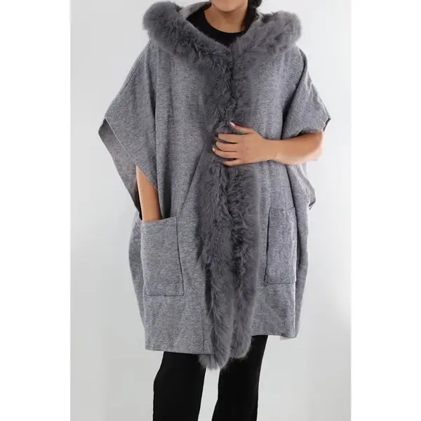 La Fiorentina Faux Fur Trimmed Hooded Wrap - Grey