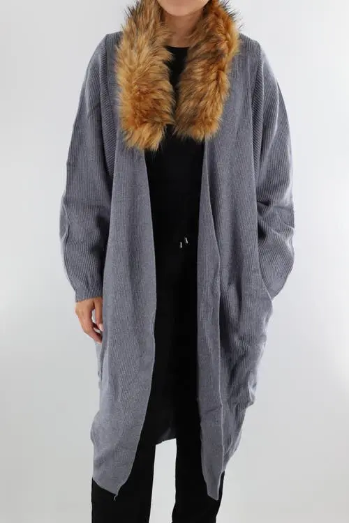 La Fiorentina Knit Cardigan With Faux Fur Collar - Grey