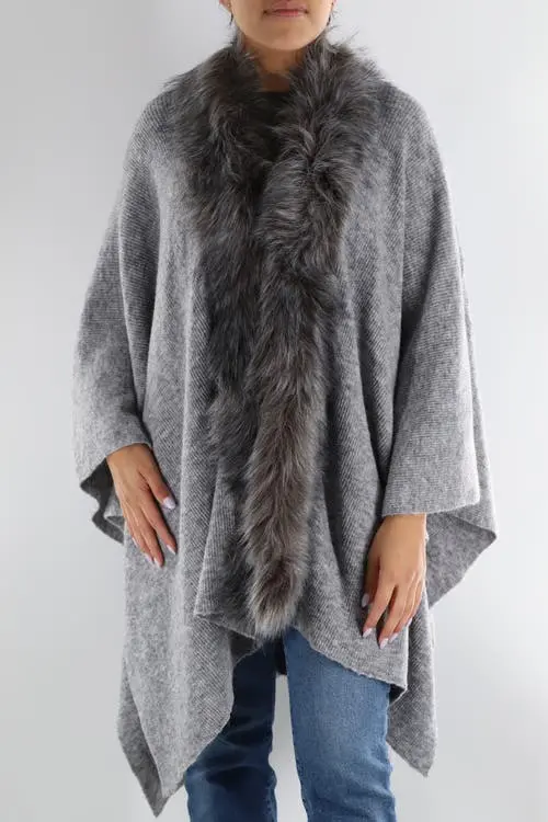 La Fiorentina Wrap With Faux Fur Trim - Grey