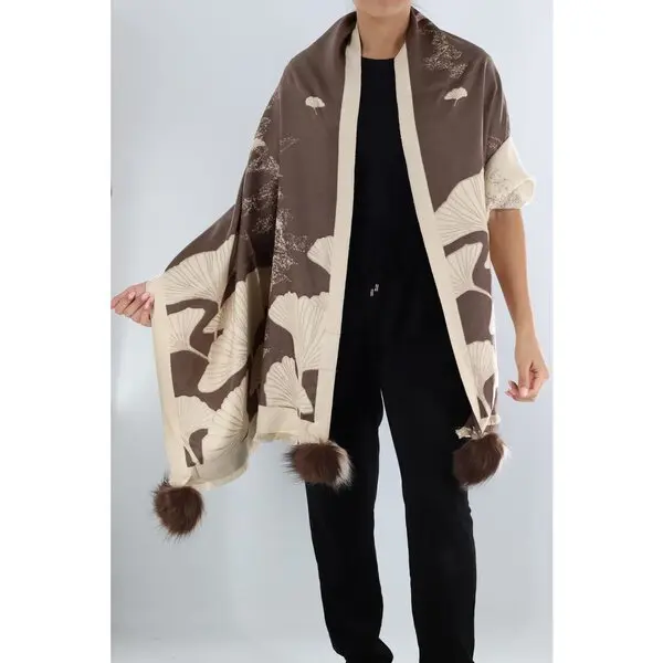 La Fiorentina Shell Print Wrap With Faux Poms - Brown/ivory