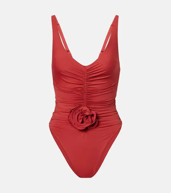 Magda Butrym Floral-appliqué Ruched Swimsuit - Red