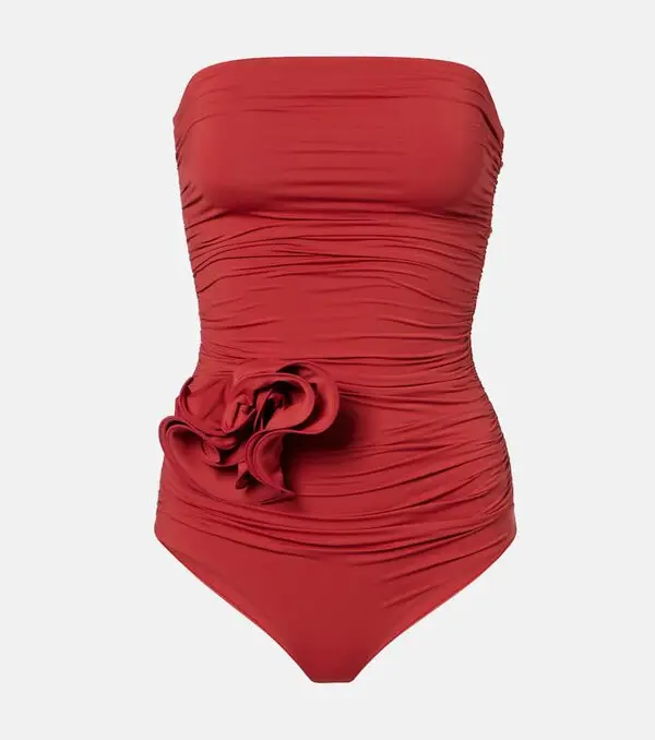 Magda Butrym Floral-appliqué Ruched One-piece Swimsuit - Red