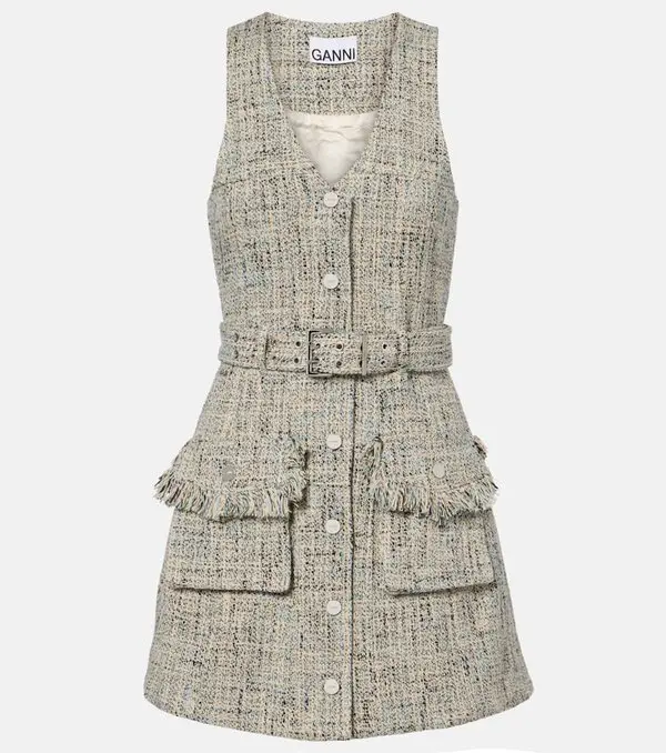 GANNI Belted Tweed Mini Dress - Grey