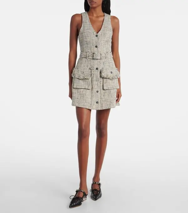 GANNI Belted Tweed Mini Dress