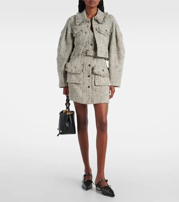 GANNI Cropped Cotton Tweed Jacket - Blue