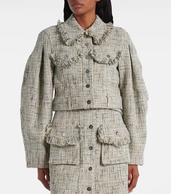 GANNI Cropped Cotton Tweed Jacket - Blue
