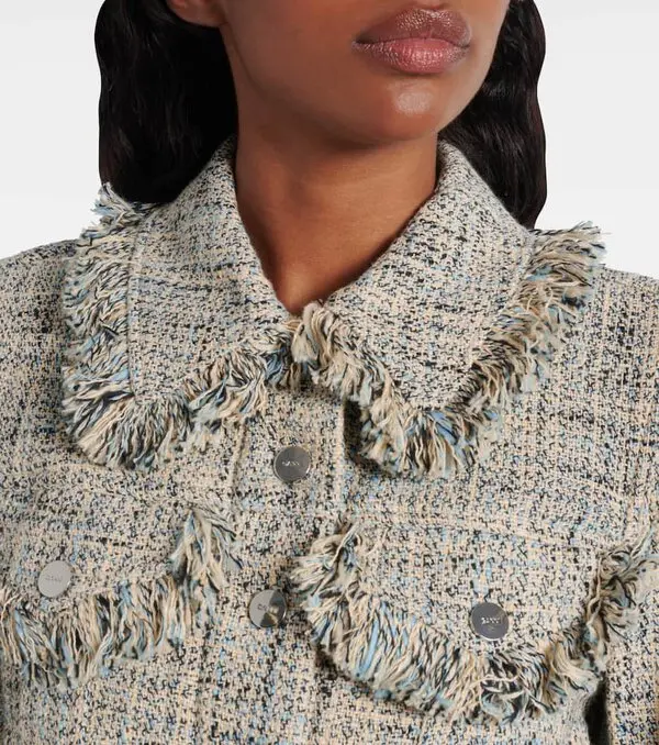 GANNI Cropped Cotton Tweed Jacket - Blue