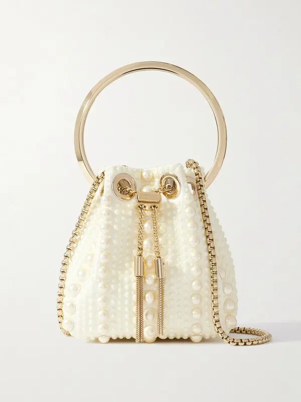 JIMMY CHOO Bon Bon Micro Faux Pearl-embellished Bucket Bag - Neutrals