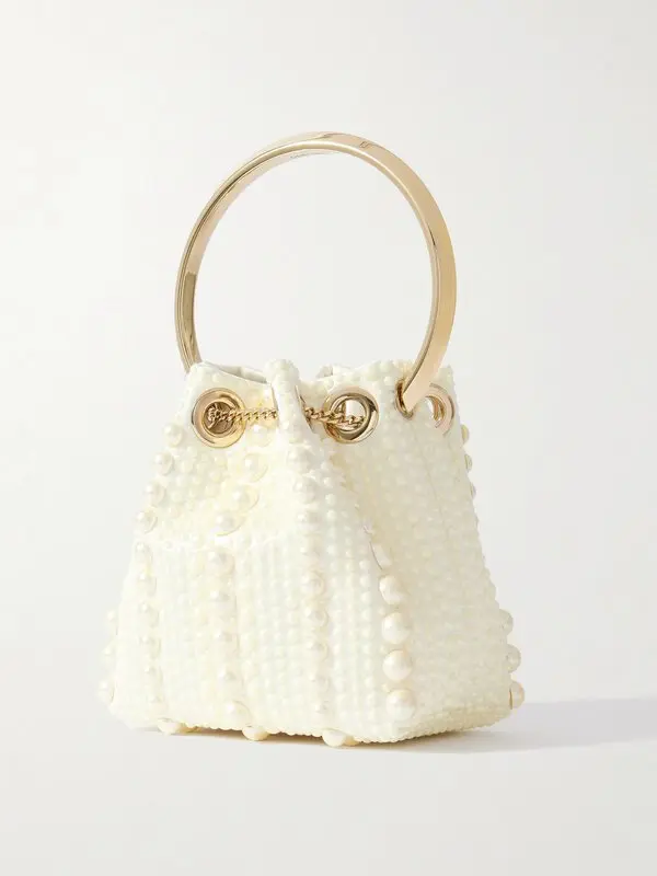 JIMMY CHOO Bon Bon Micro Embellished Satin Bucket Bag - Neutrals