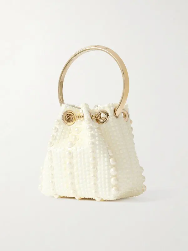 JIMMY CHOO Bon Bon Micro Embellished Satin Bucket Bag - Neutrals