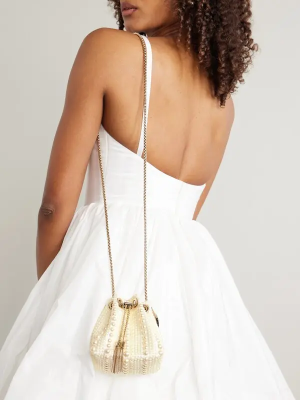 JIMMY CHOO Bon Bon Micro Embellished Satin Bucket Bag - Neutrals