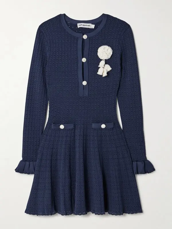 Buy SELF-PORTRAIT Embellished Ruffled Pointelle-knit Mini Dress - Blue At  30% Off | Editorialist