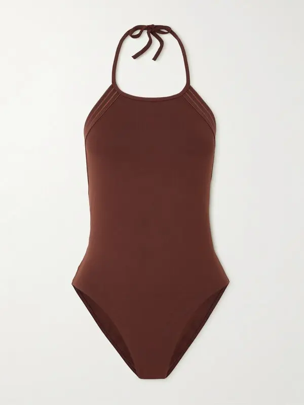 ERES Evening Numero Metallic Striped Halterneck Swimsuit - Brown