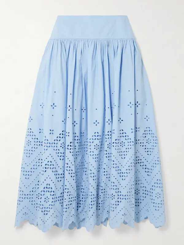 SELF-PORTRAIT Broderie Anglaise Cotton Midi Skirt - Blue