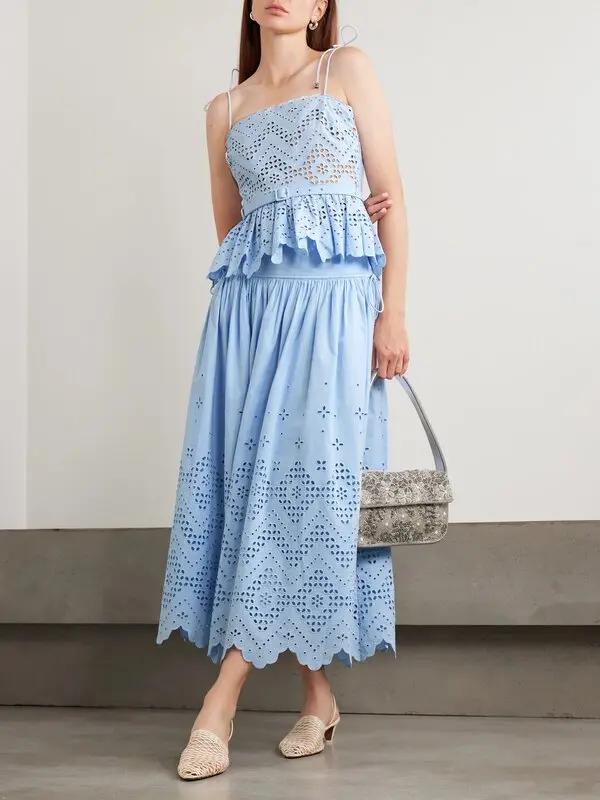 SELF-PORTRAIT Broderie Anglaise Cotton Midi Skirt - Blue