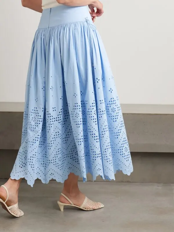 SELF-PORTRAIT Broderie Anglaise Cotton Midi Skirt - Blue
